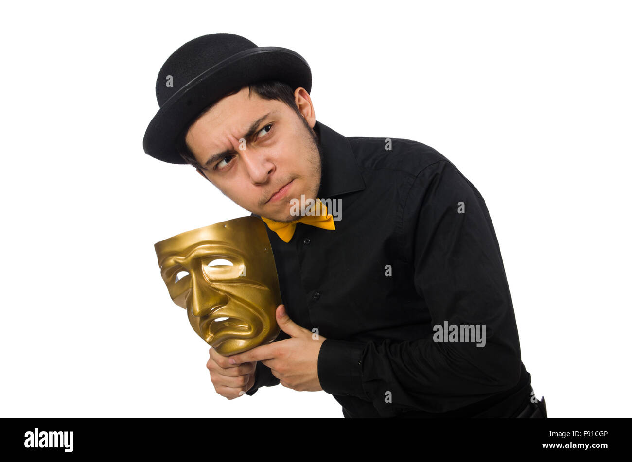 Young man with golden Venetian mask isolated on white Stock Photo - Alamy