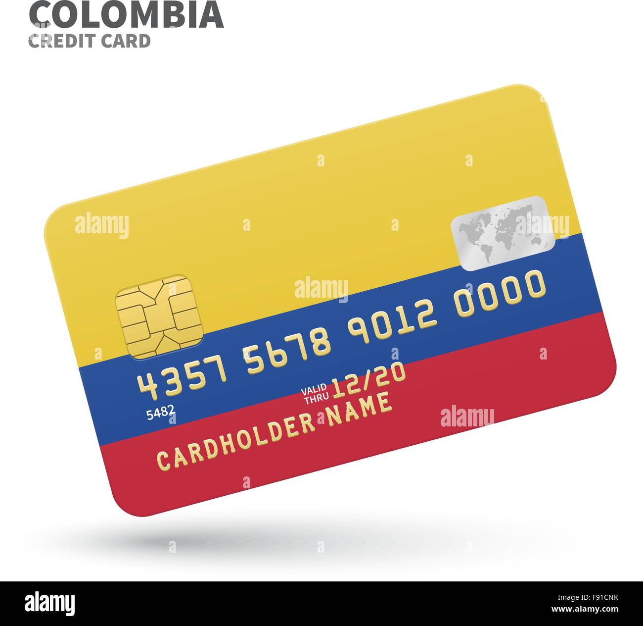 Credit card with Colombia flag background for bank, presentations and ...