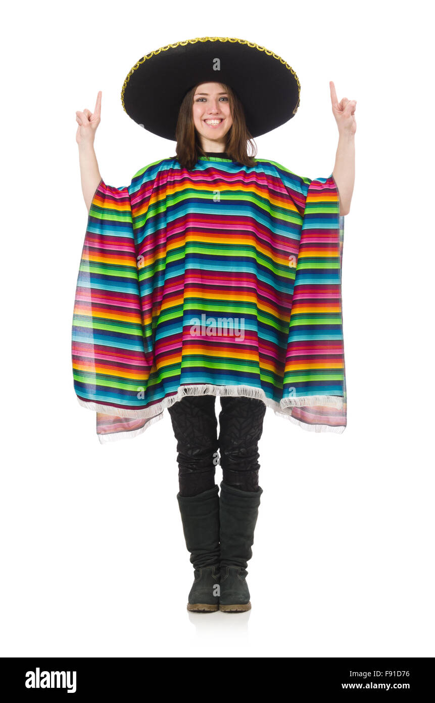 Pretty mexican girl in vivid poncho isolated on white Stock Photo - Alamy