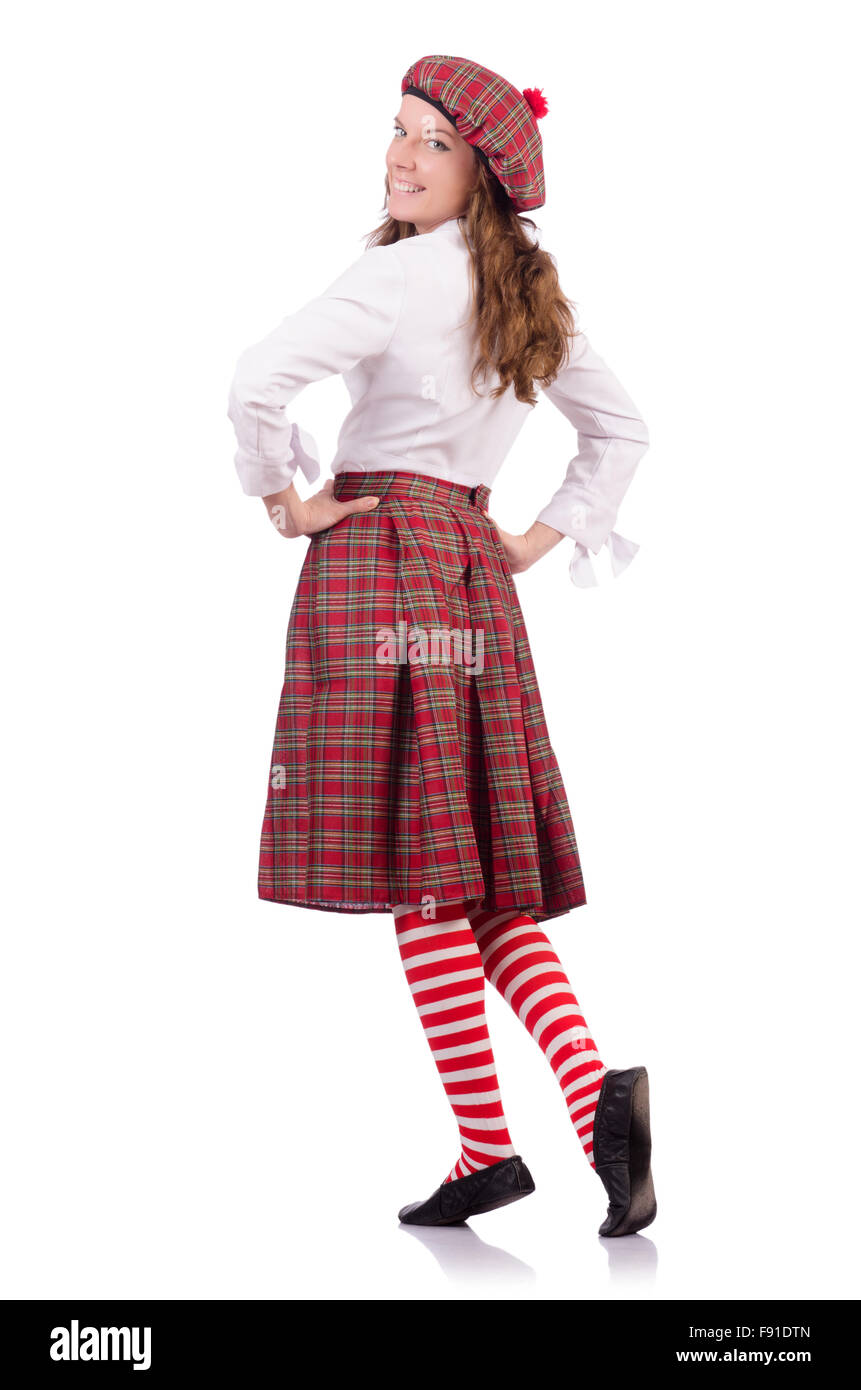 Pretty girl in plaid red clothing isolated on white Stock Photo - Alamy
