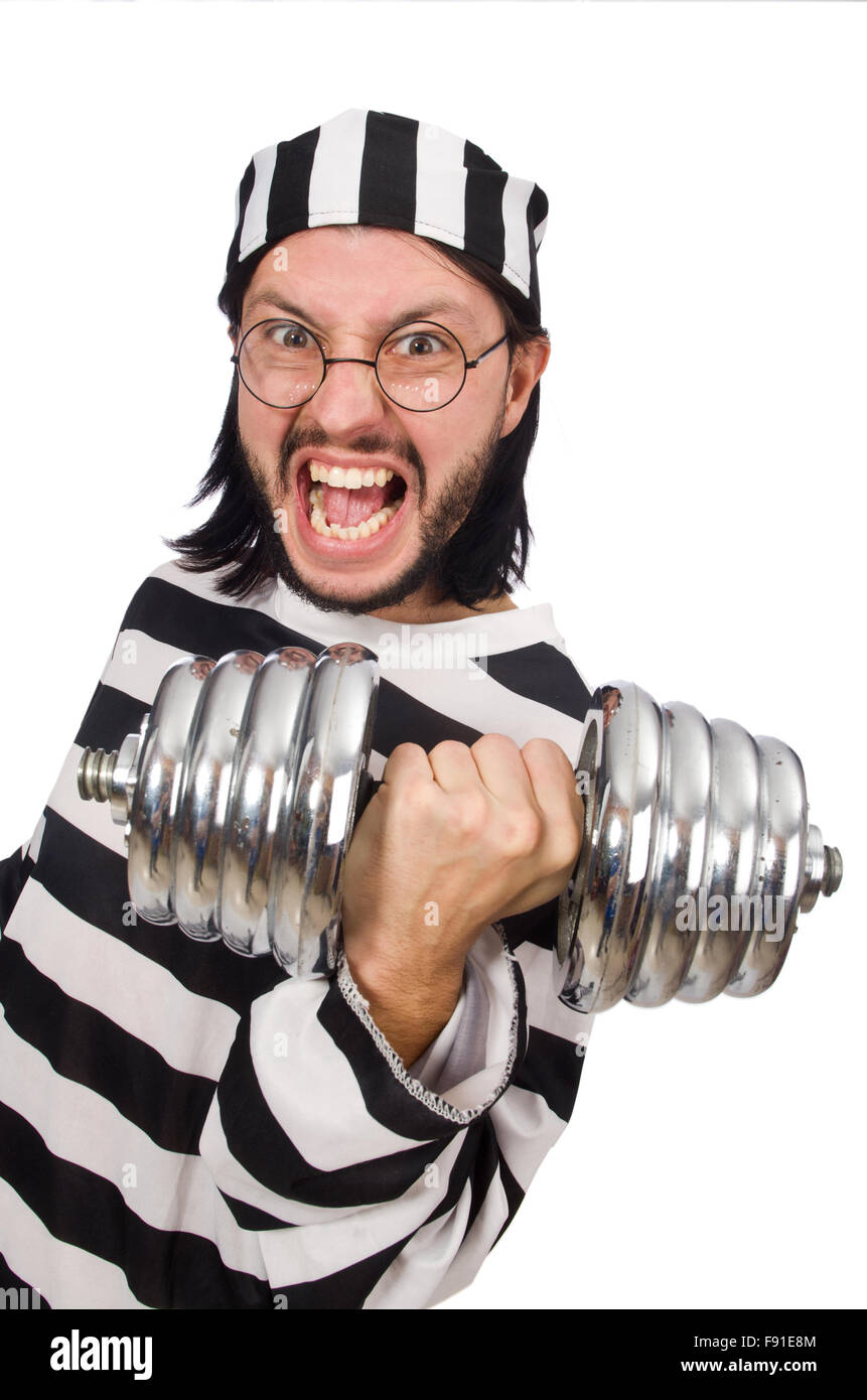 Prison inmate with dumbbells isolated on white Stock Photo - Alamy