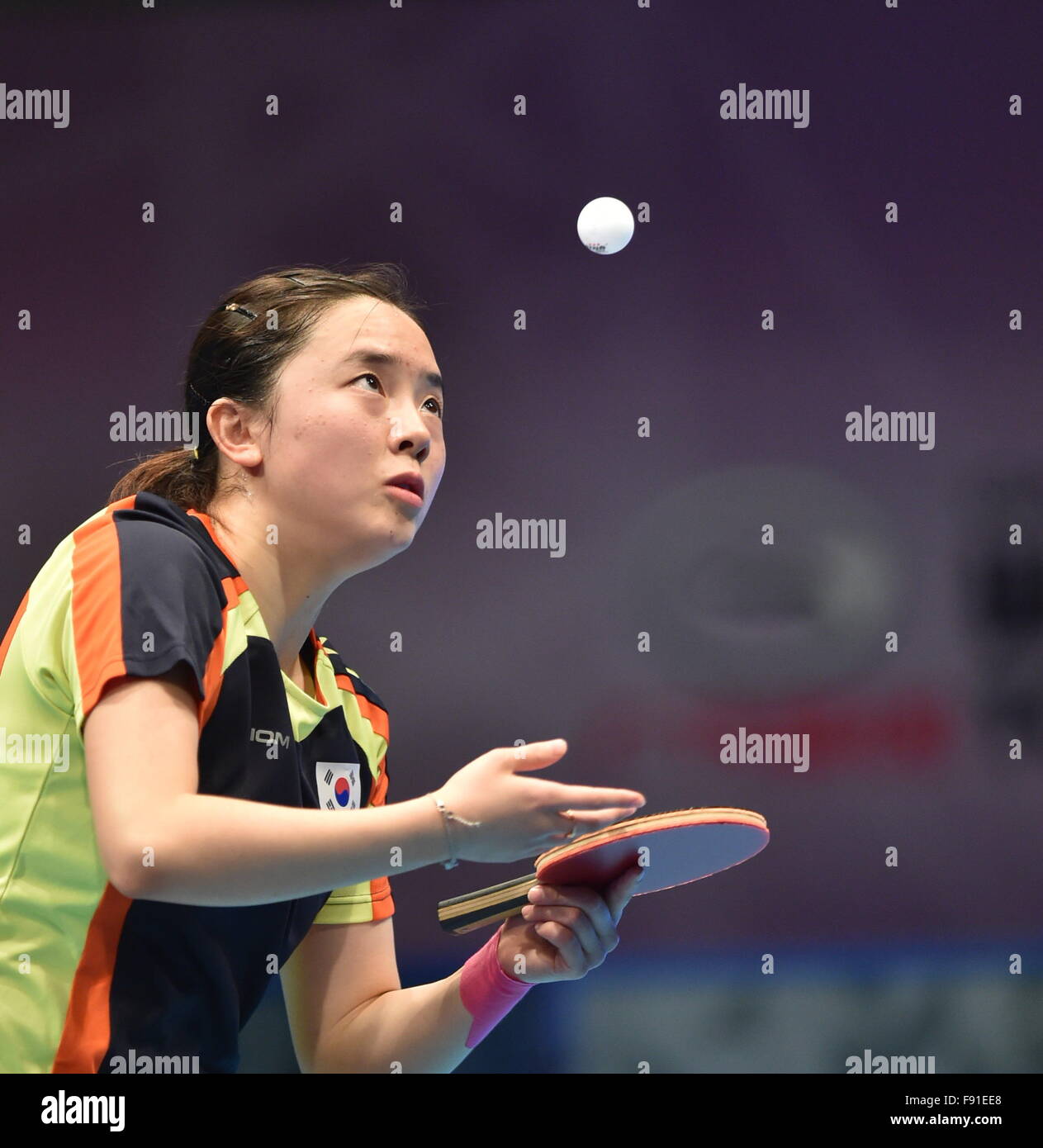 Lisbon, Portugal. 12th Dec, 2015. South Korea's Jeon Jihee serves ...