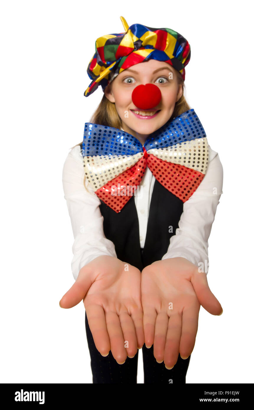 Pretty female clown isolated on white Stock Photo - Alamy