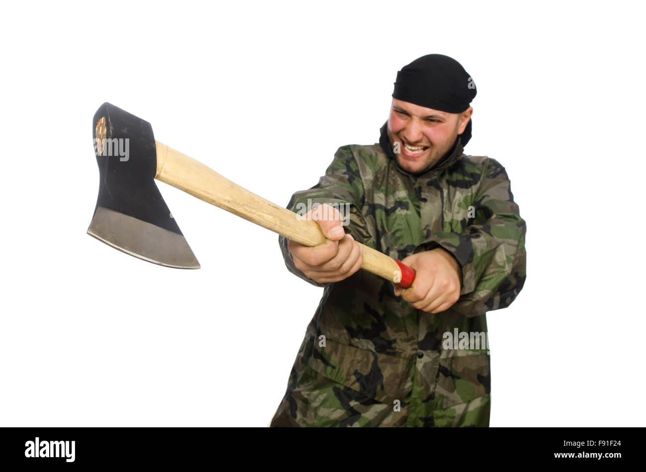 Young man in soldier uniform holding axe isolated on white Stock Photo ...