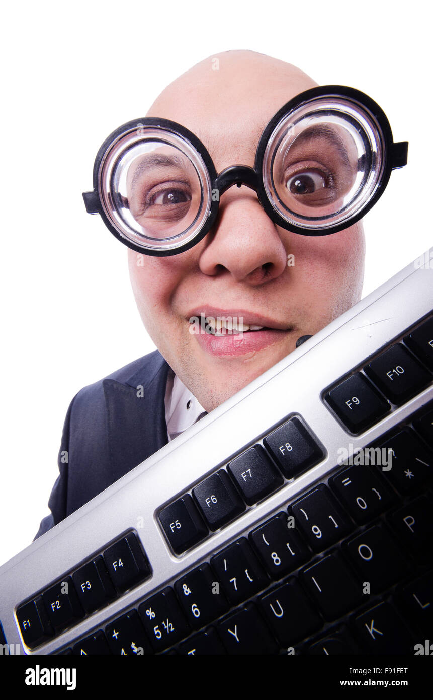Funny man with keyboard isolated on white Stock Photo - Alamy