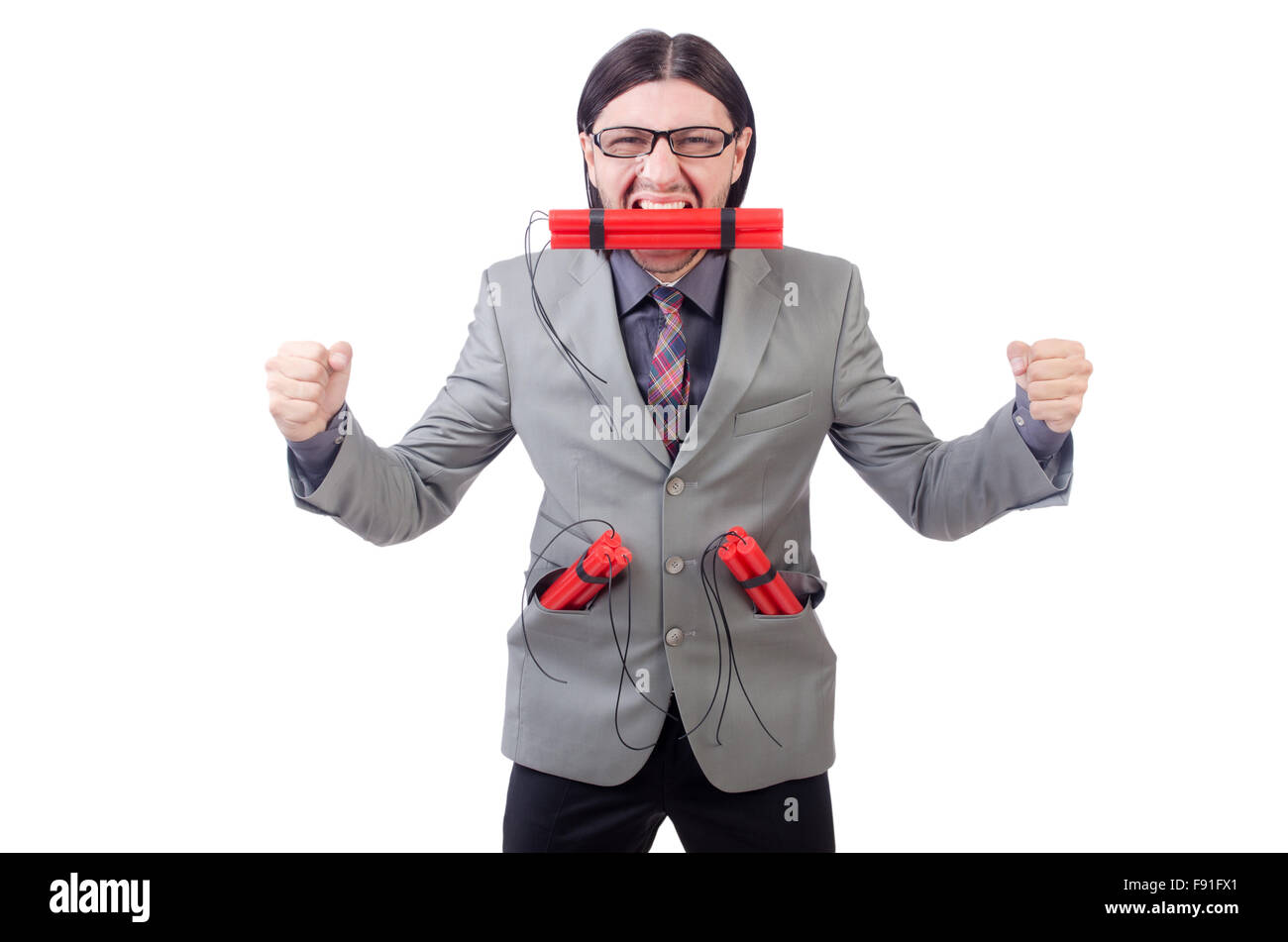 Young businessman holding dynamite isolated on white Stock Photo - Alamy
