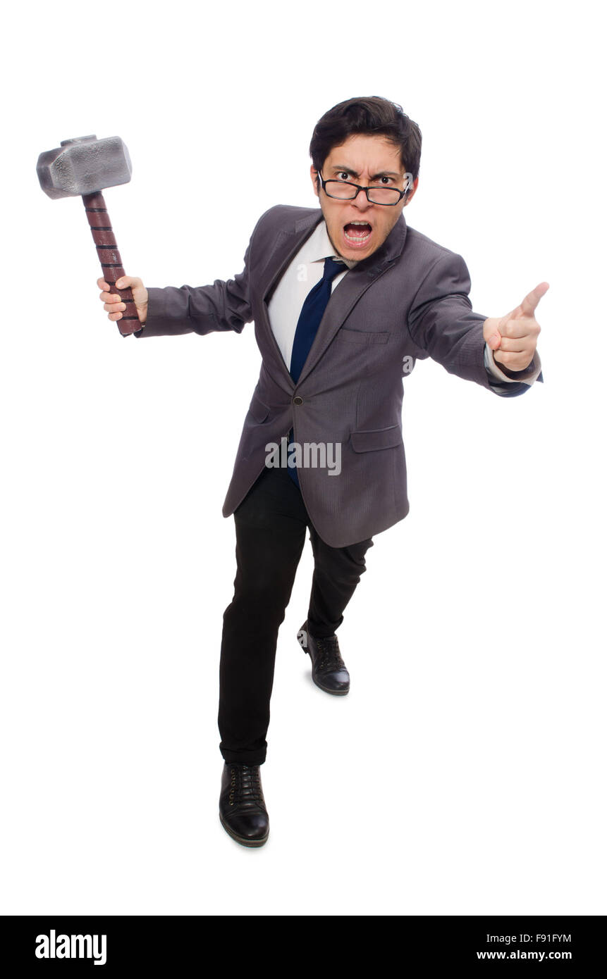Business man holding hammer isolated on white Stock Photo - Alamy