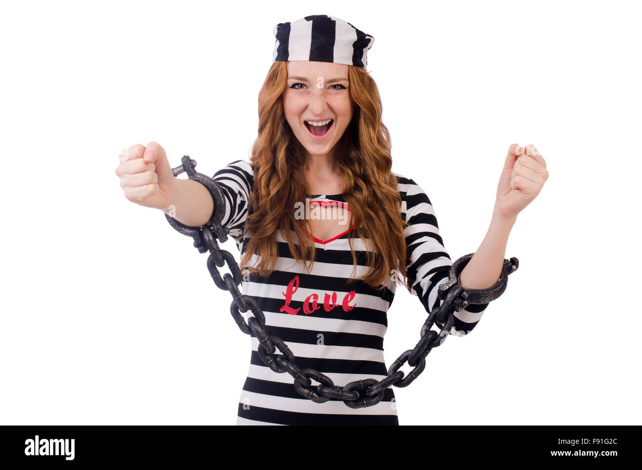 Pretty girl in prisoner uniform isolated on white Stock Photo - Alamy