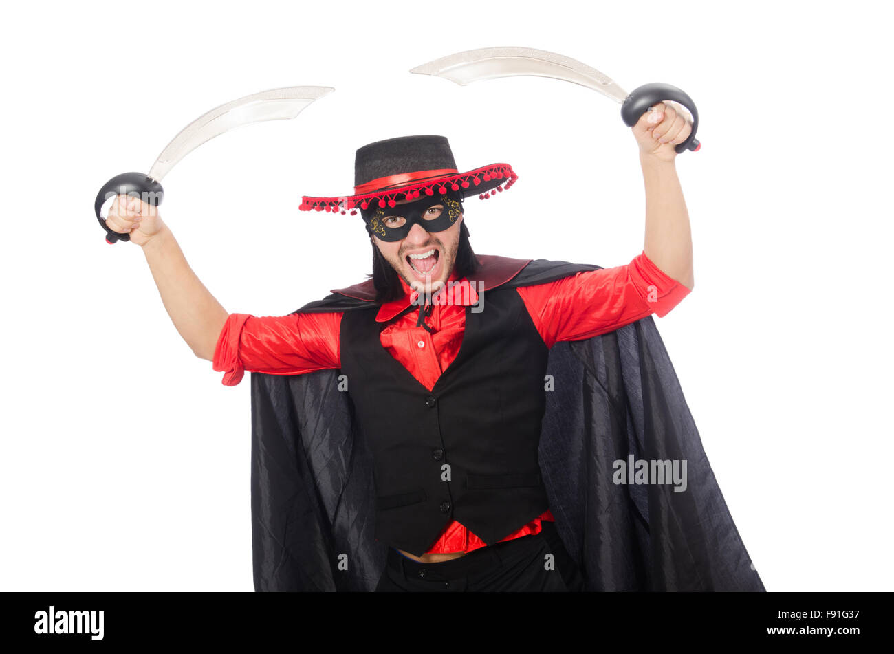 Young man in carnival coat with sword isolated on hi-res stock ...