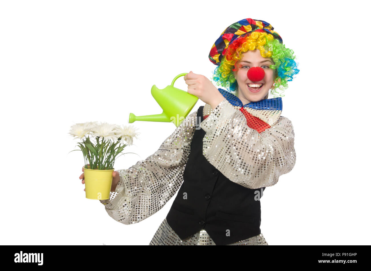 Female clown with flowers isolated on white Stock Photo - Alamy