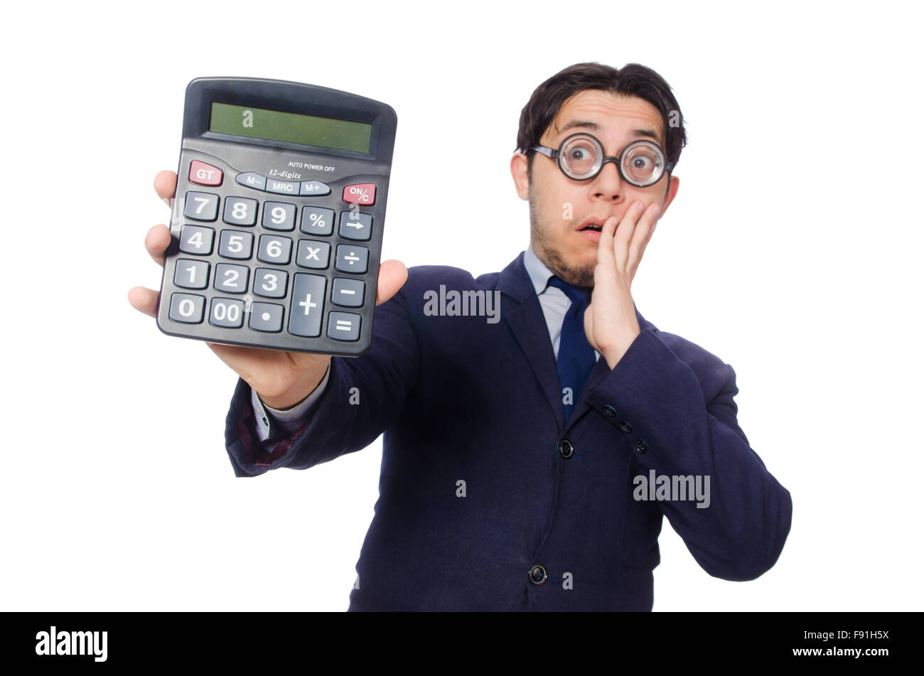Funny man with calculator isolated on white Stock Photo - Alamy