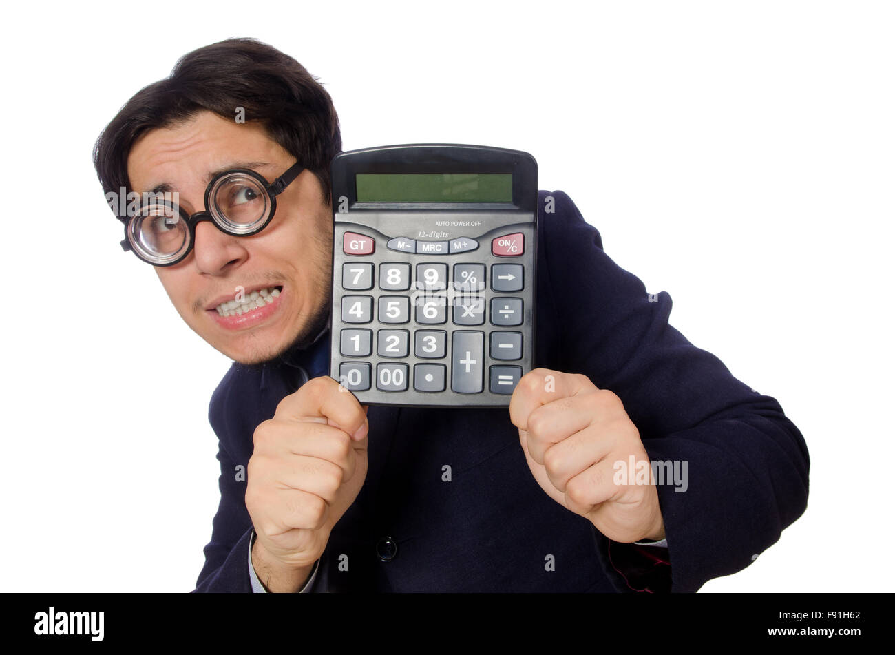 Funny man with calculator isolated on white Stock Photo - Alamy
