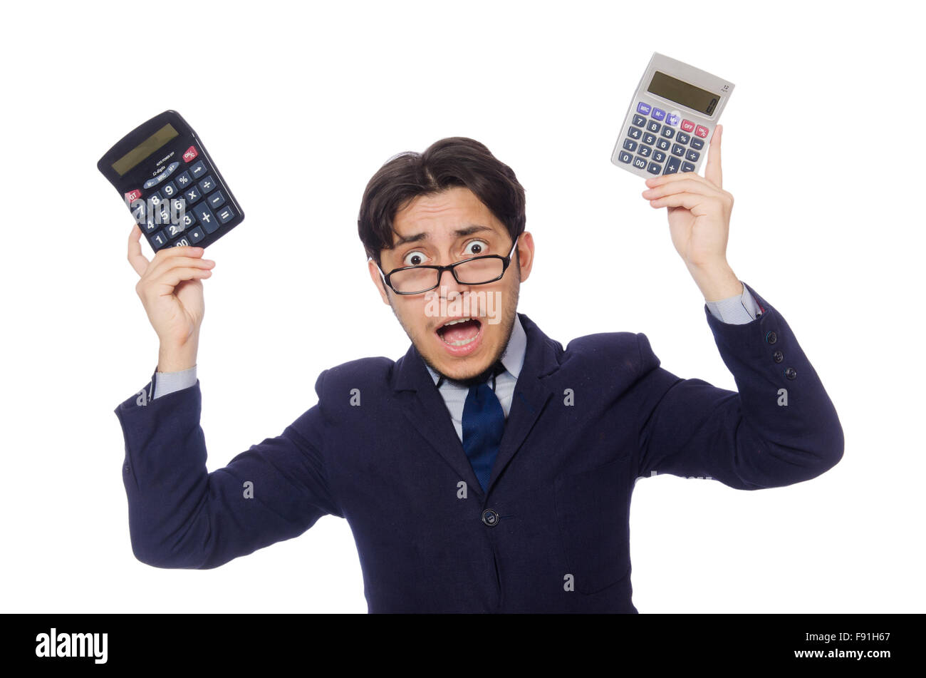 Funny man with calculator isolated on white Stock Photo - Alamy