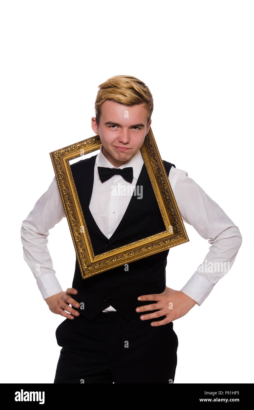 Young man holding frame isolated on white Stock Photo - Alamy