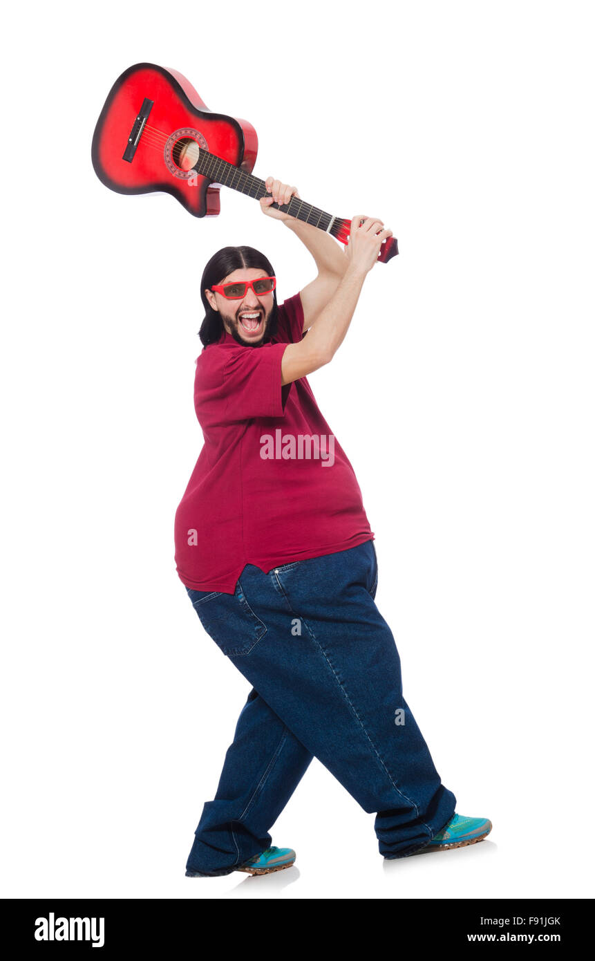Fat man with guitar isolated on white Stock Photo - Alamy
