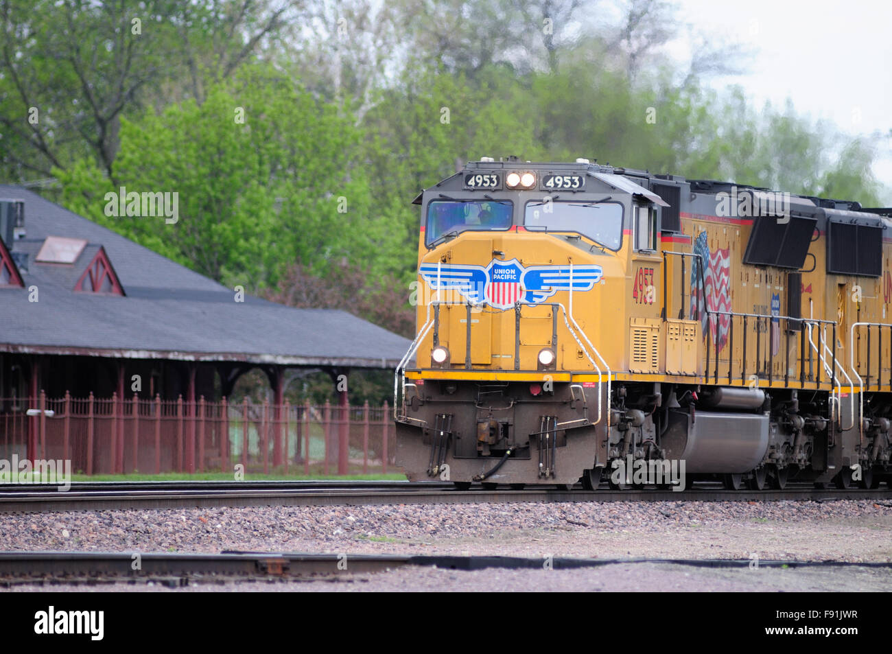 A freight train outbound from Chicago is led by a Union Pacific unit as ...