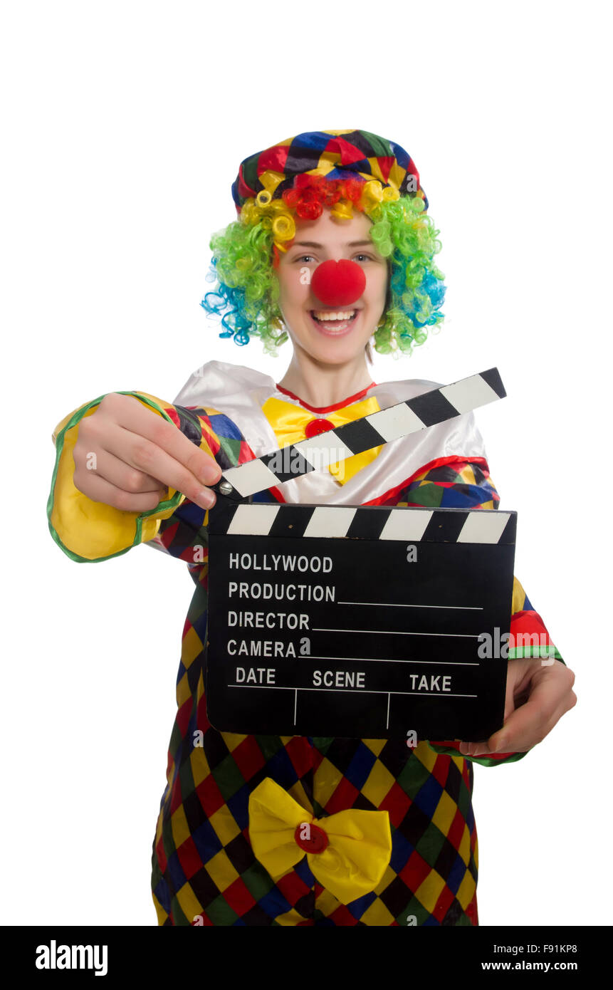 Clown with movie clapper isolated on white Stock Photo - Alamy