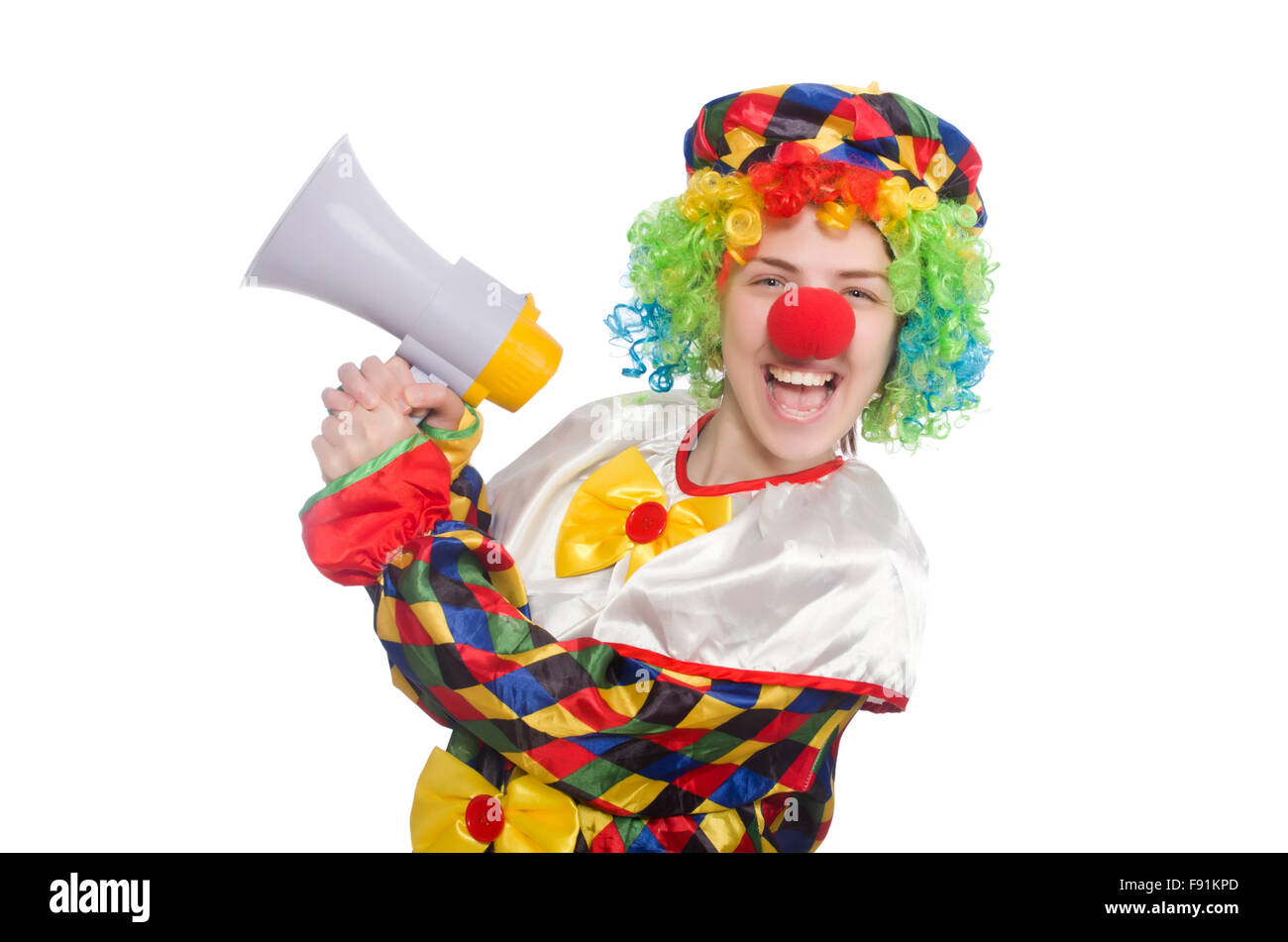 Clown with loudspeaker isolated on white Stock Photo - Alamy