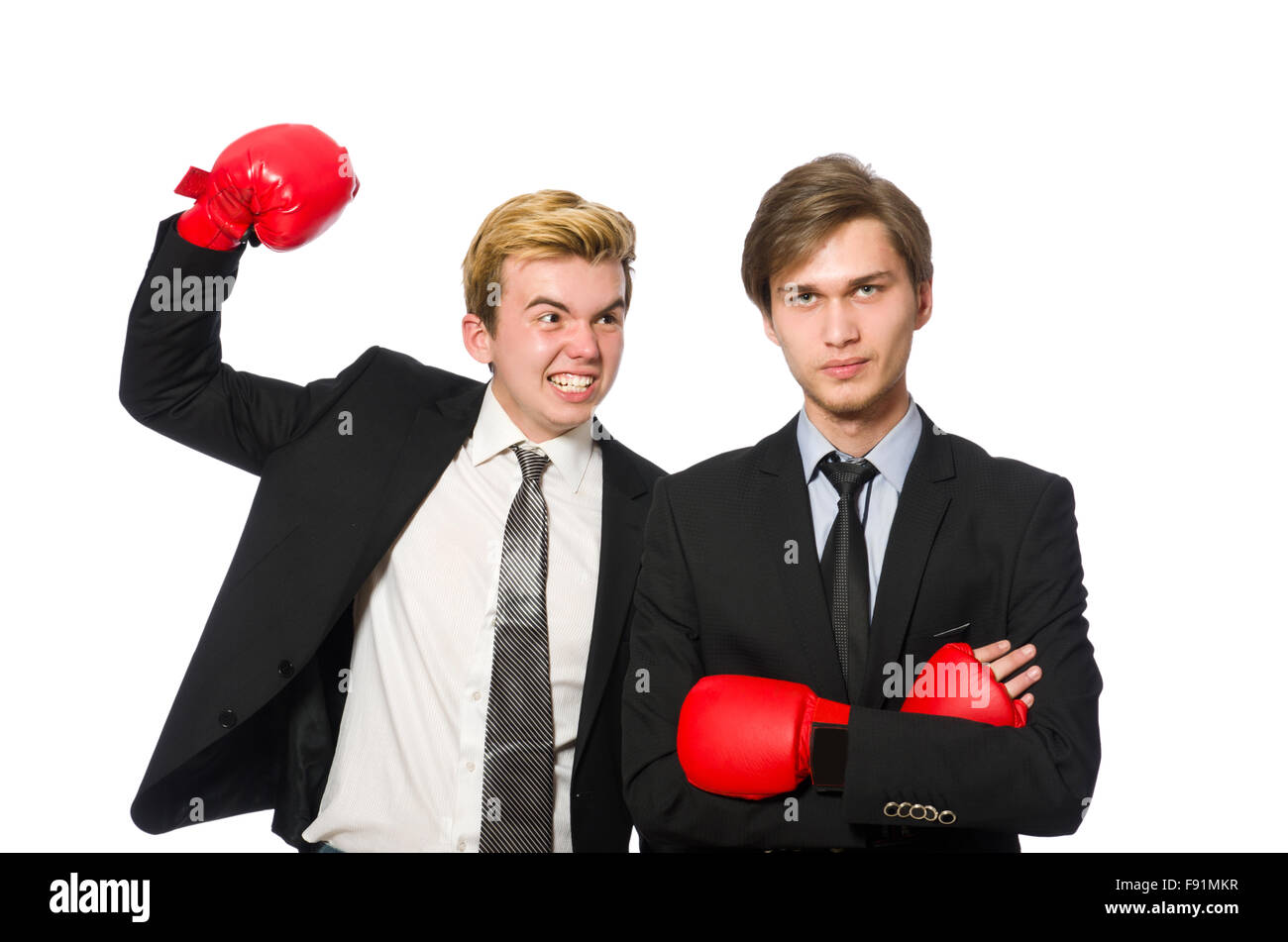 Pair of businessmen boxing on white Stock Photo - Alamy
