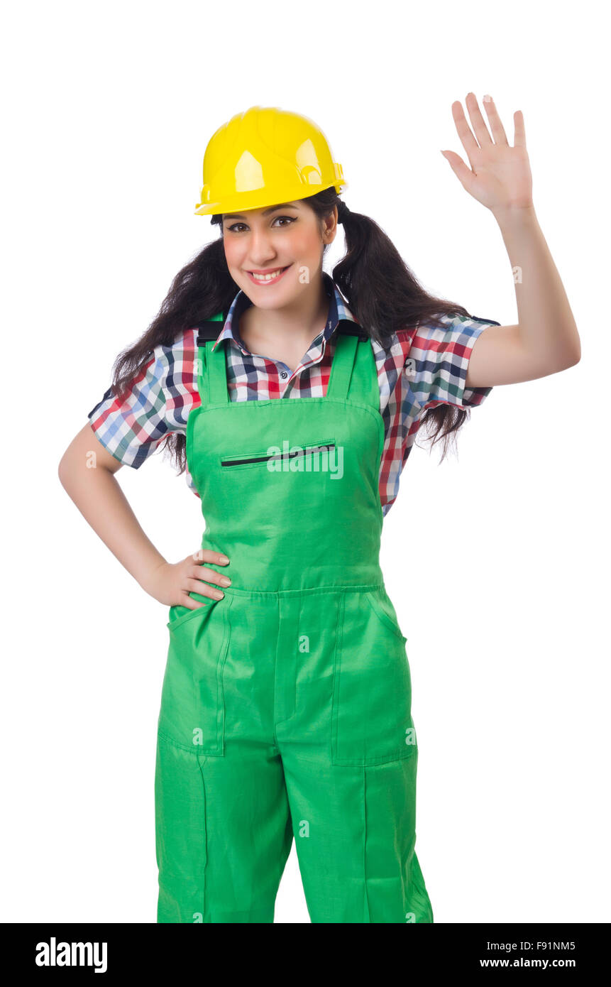 Female workman in green overalls isolated on white Stock Photo - Alamy