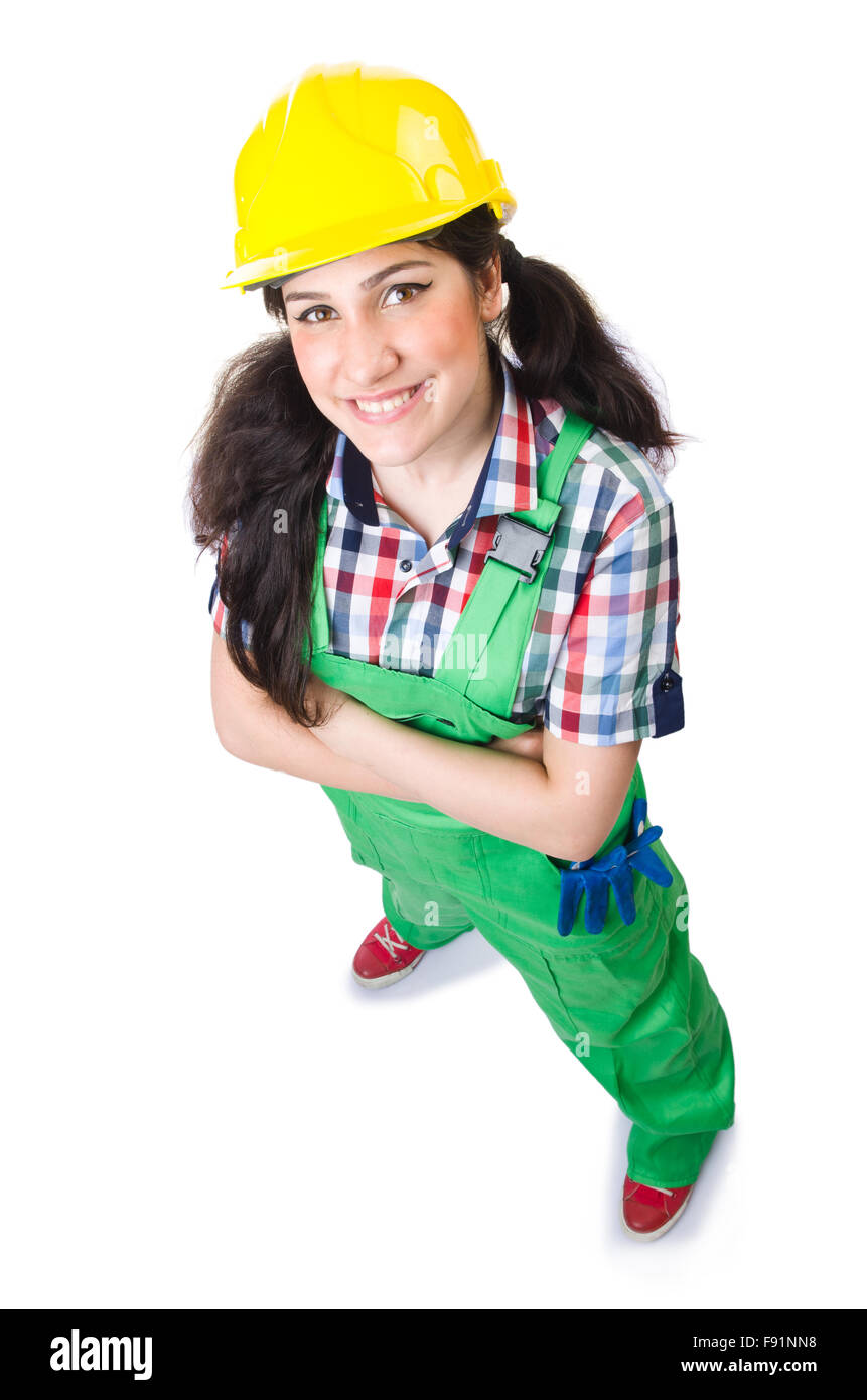 Female workman in green overalls isolated on white Stock Photo - Alamy