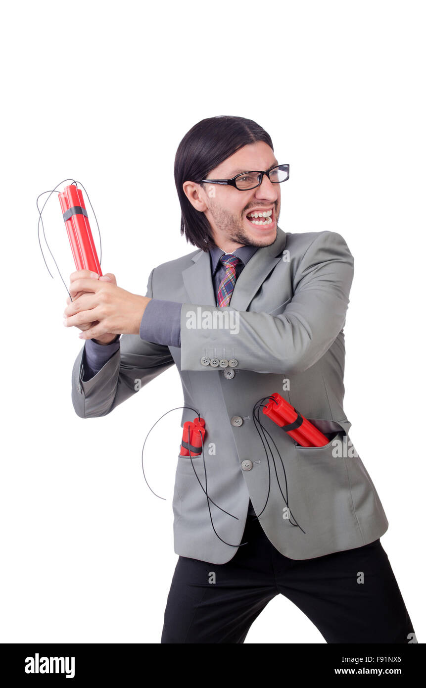 Young businessman holding dynamite isolated on white Stock Photo - Alamy