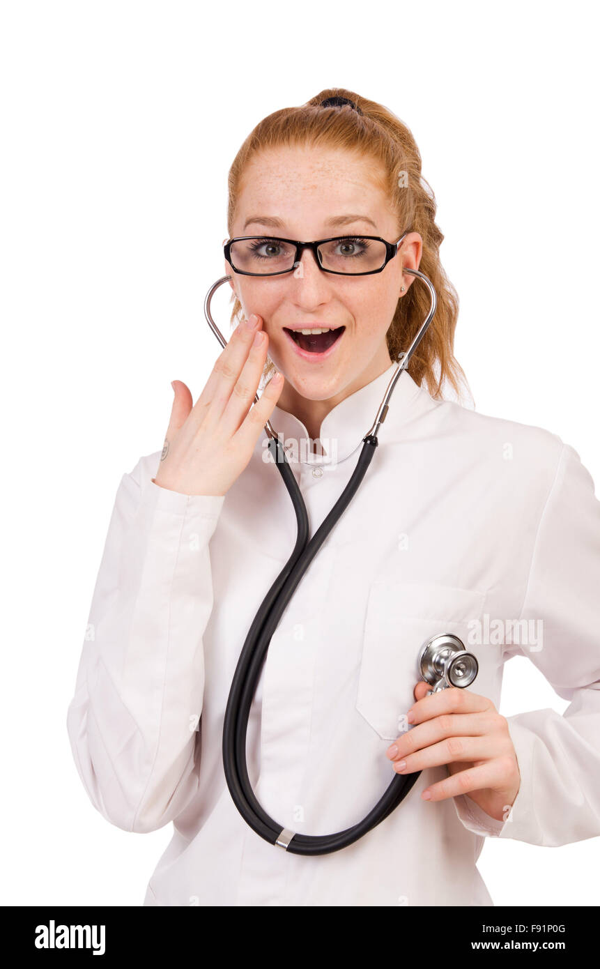 Pretty female doctor with stethoscope isolated on white Stock Photo - Alamy