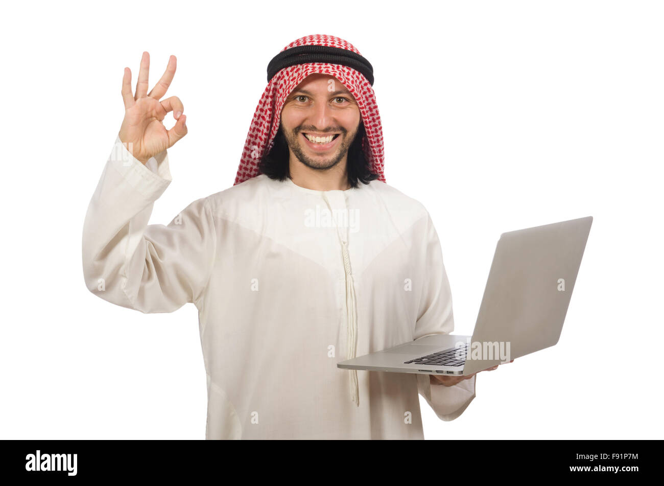 Arab man with laptop isolated on white Stock Photo - Alamy