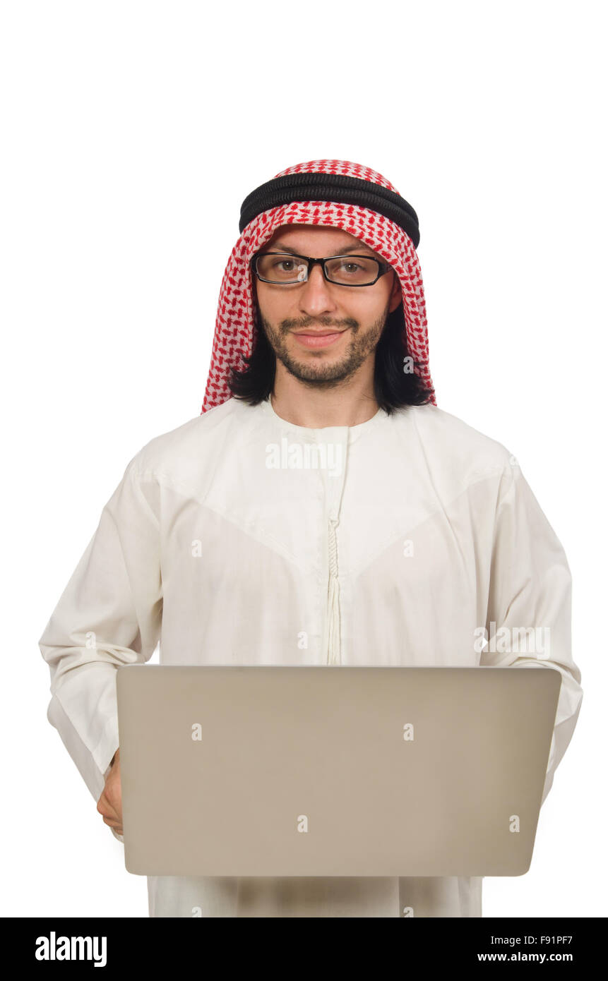 Arab man with laptop isolated on white Stock Photo - Alamy