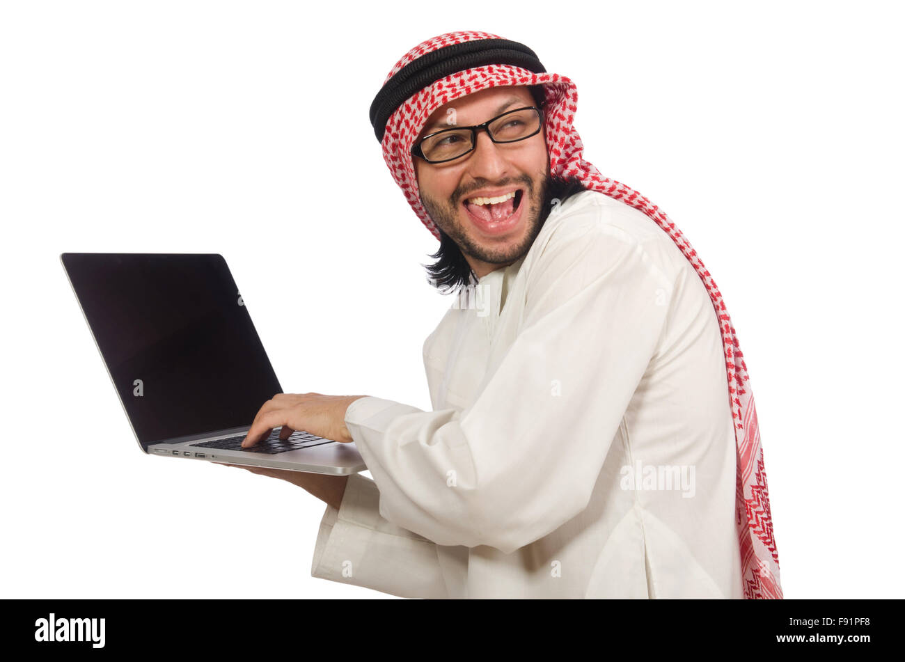 Arab man with laptop isolated on white Stock Photo - Alamy