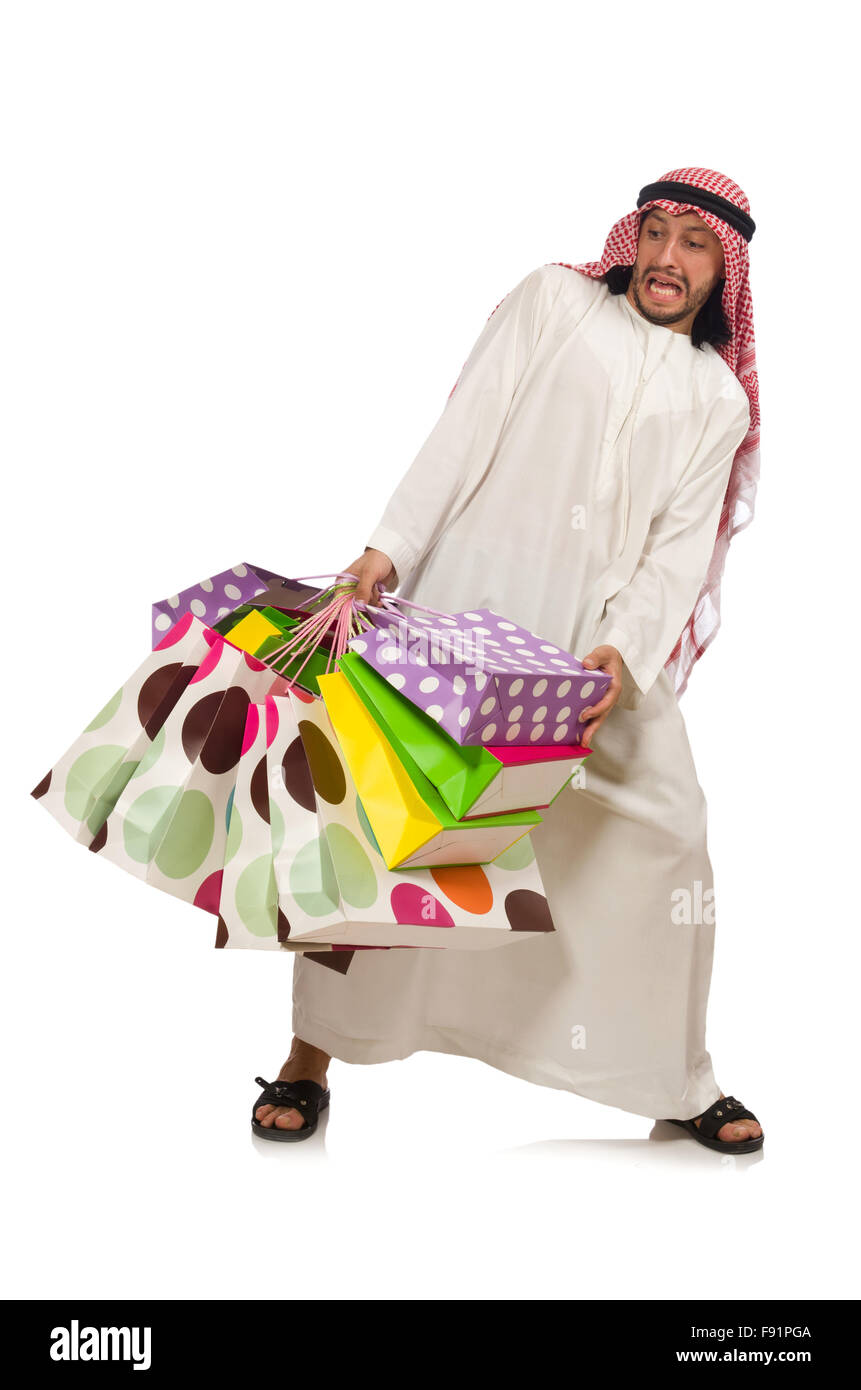 Arab man with shopping bags on white Stock Photo - Alamy