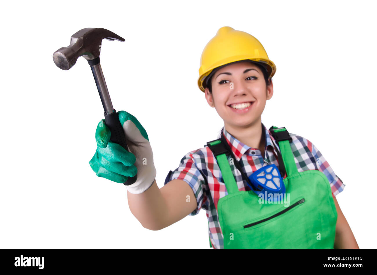 Female worker with hammer isolated on white Stock Photo - Alamy