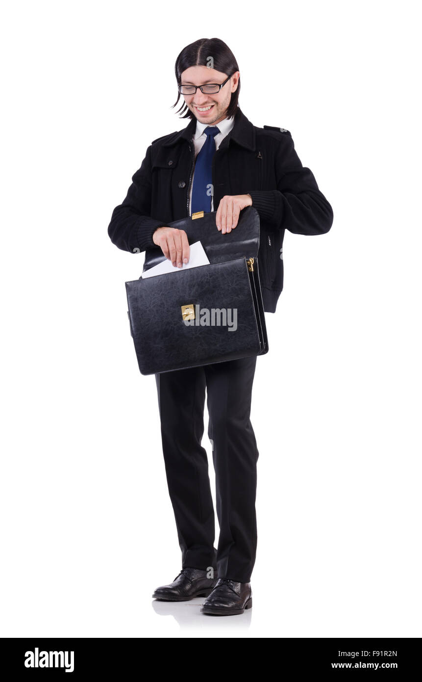 Young businessman holding briefcase isolated on white Stock Photo - Alamy