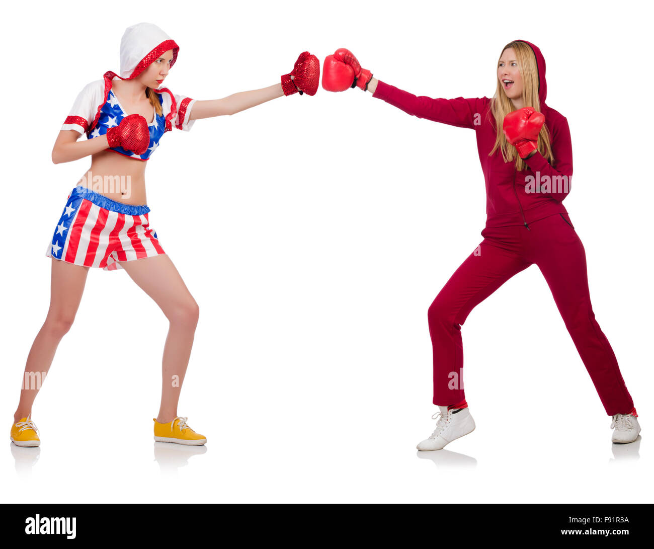 Women boxing isolated on white Stock Photo - Alamy