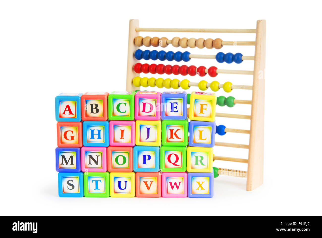 Alphabet blocks and abacus isolated on white Stock Photo - Alamy