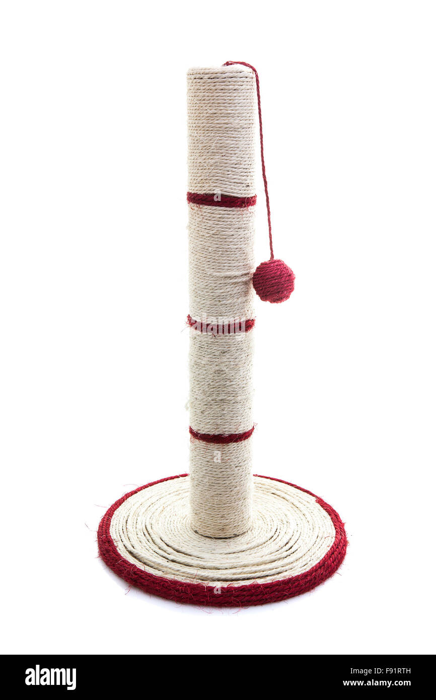 Cat scratching post with red ball and string, isolated on a white ...
