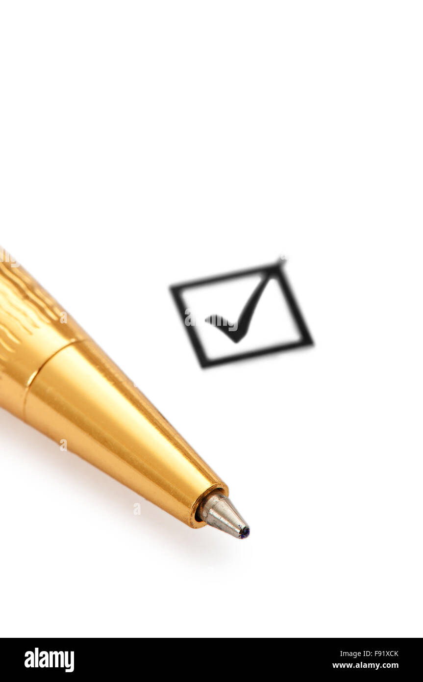 Tick box and pen isolated on white Stock Photo - Alamy