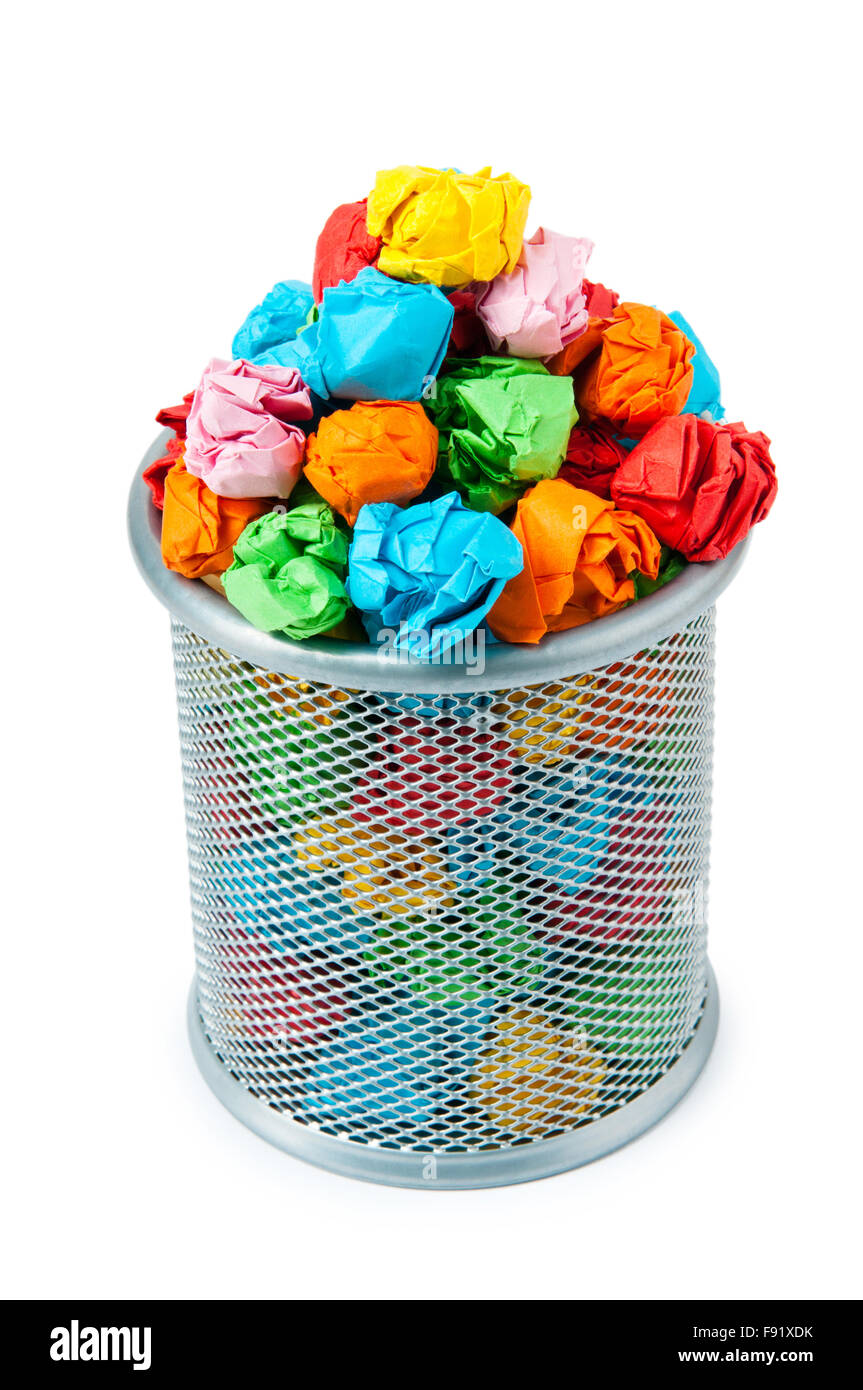 Garbage bin with paper waste isolated on white Stock Photo - Alamy