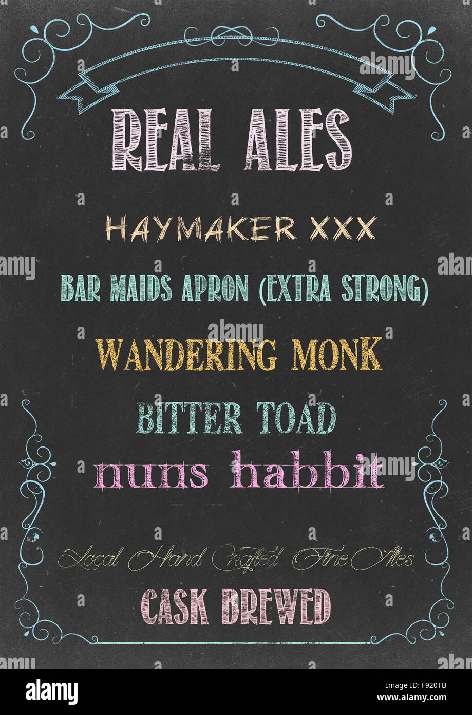 Chalkboard with "REAL ALE MENU" Hand Drawn in Chalks Stock Photo - Alamy