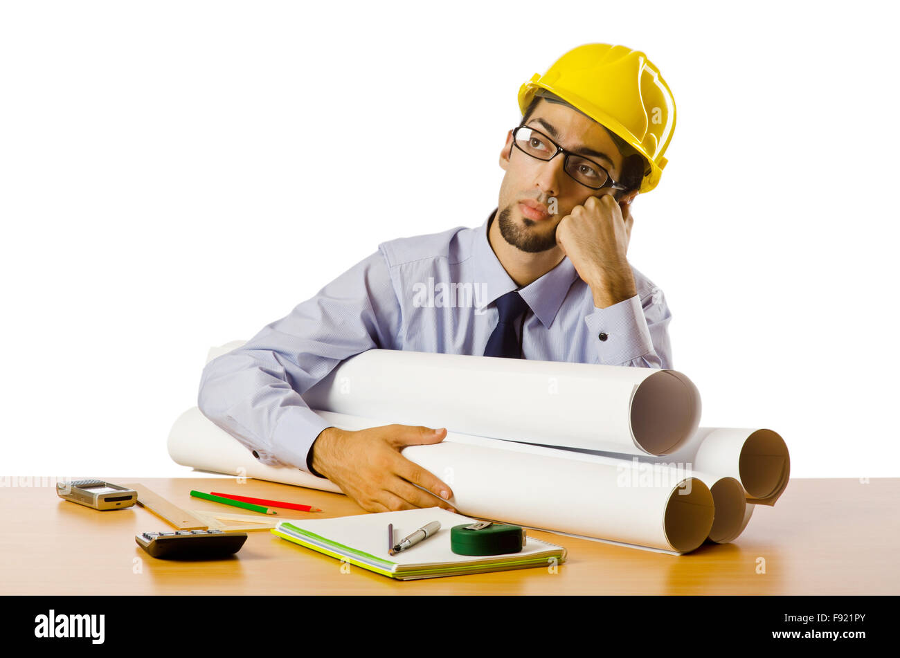Engineer working with drawings on white Stock Photo - Alamy