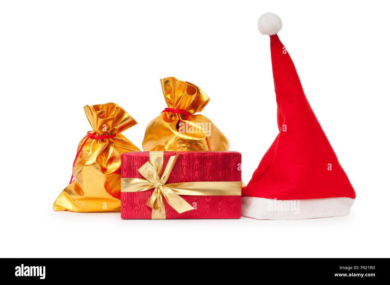 Gift boxes and golden sacks Stock Photo - Alamy