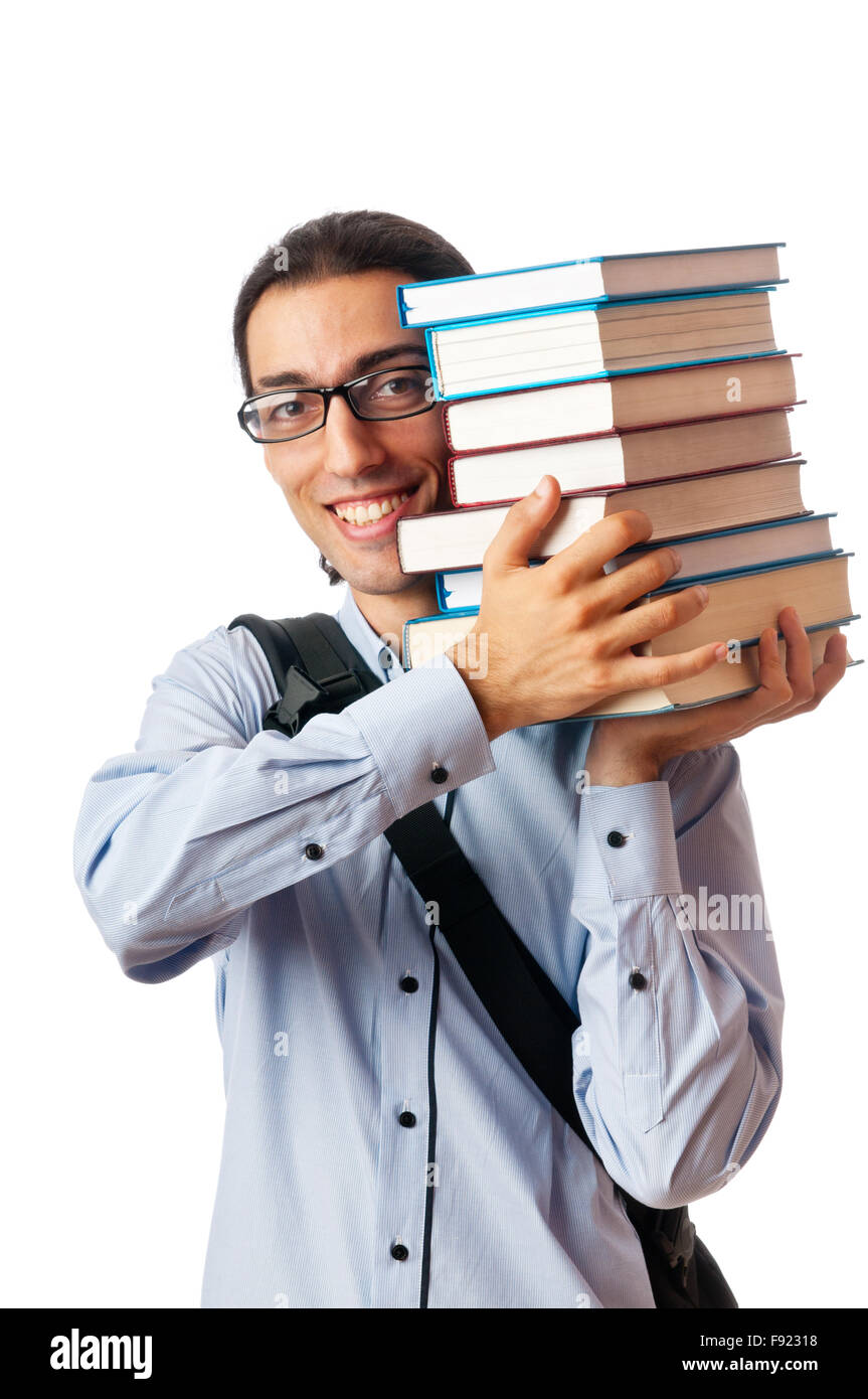 Student with stack of books on white Stock Photo - Alamy
