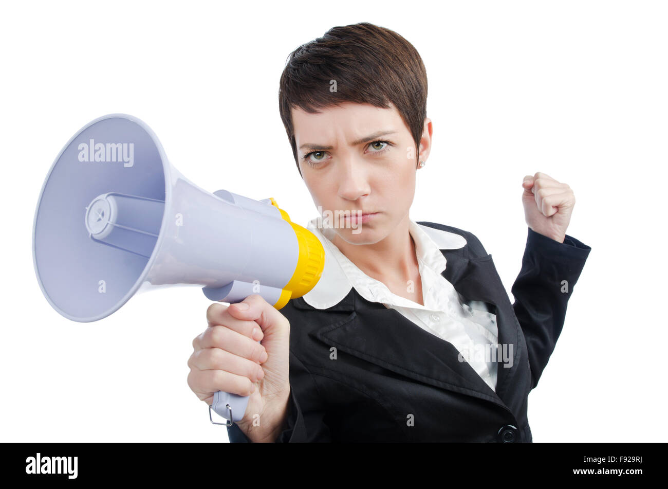 Young business lady screaming to loudspeaker Stock Photo - Alamy