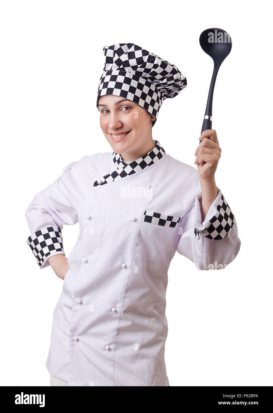 Woman cook with ladle on white Stock Photo - Alamy