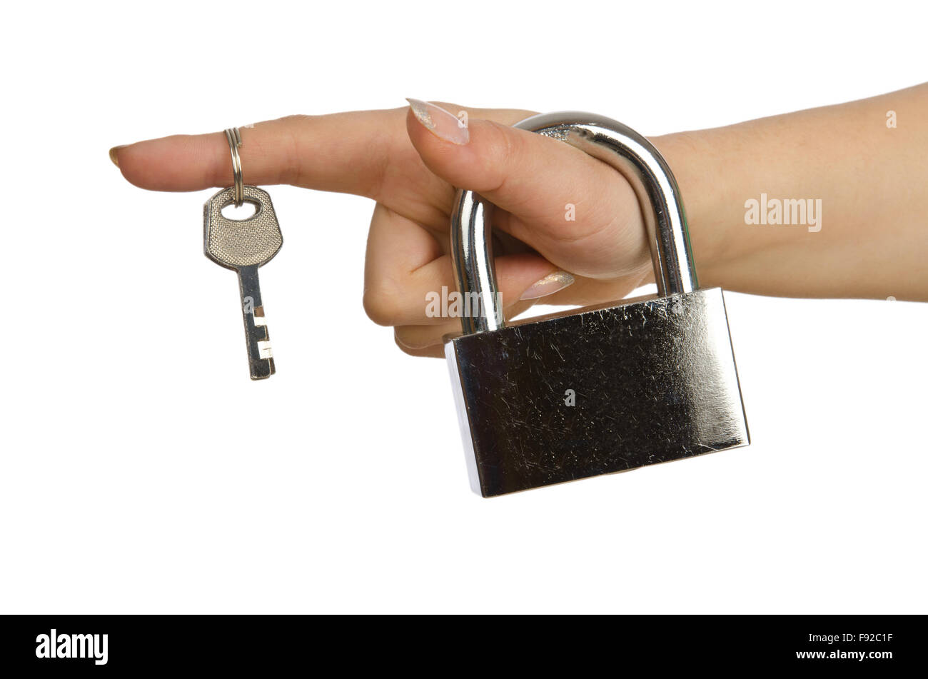 Hand with padlock isolated on white Stock Photo - Alamy
