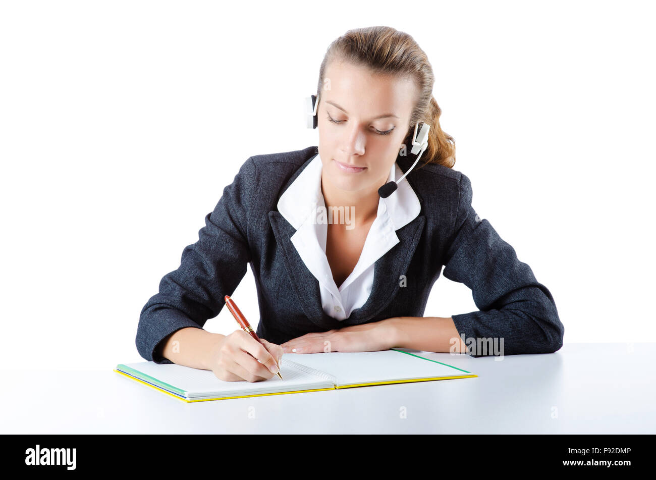 Female helpdesk operator on white Stock Photo - Alamy