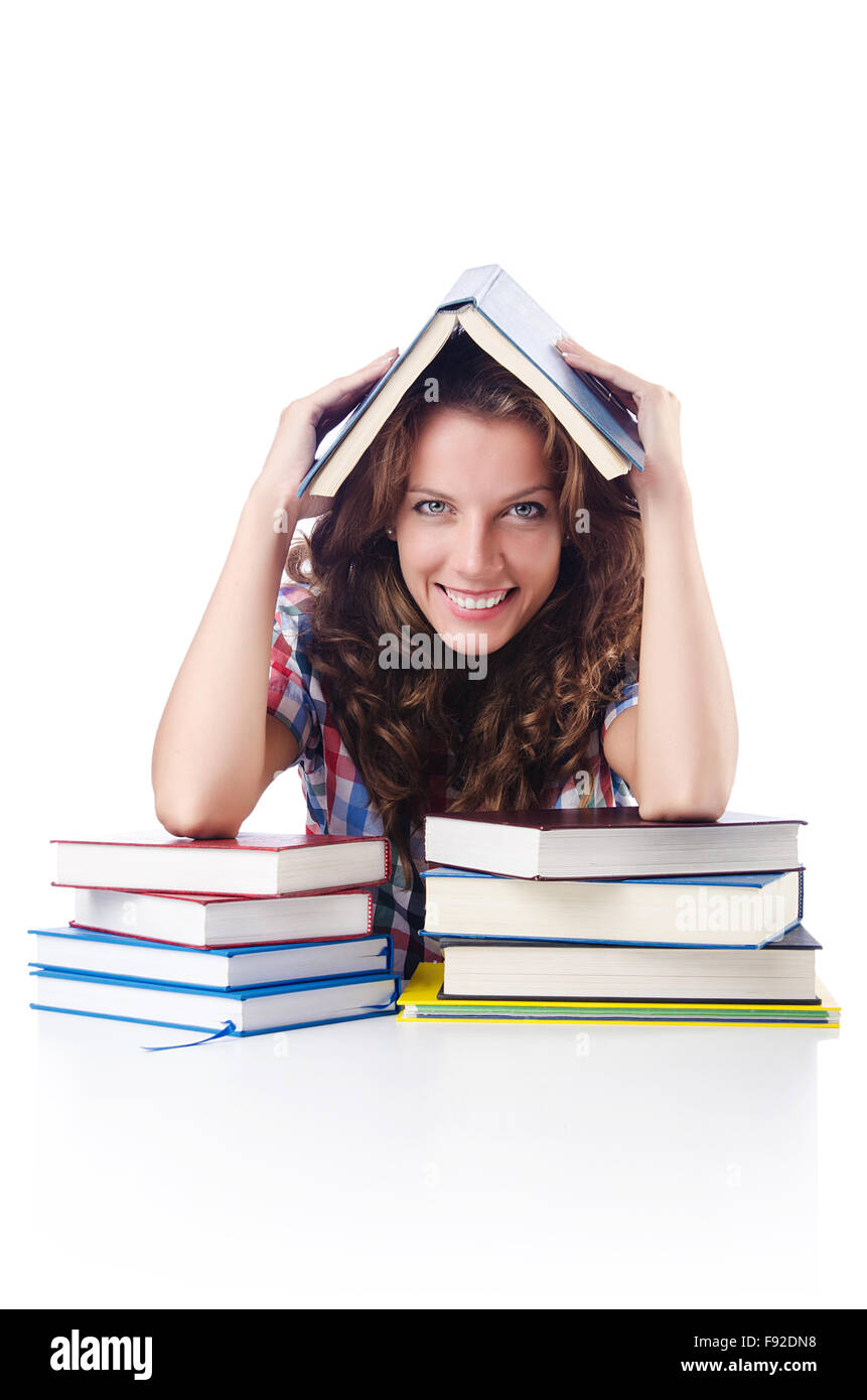 Student with lots of books on white Stock Photo - Alamy