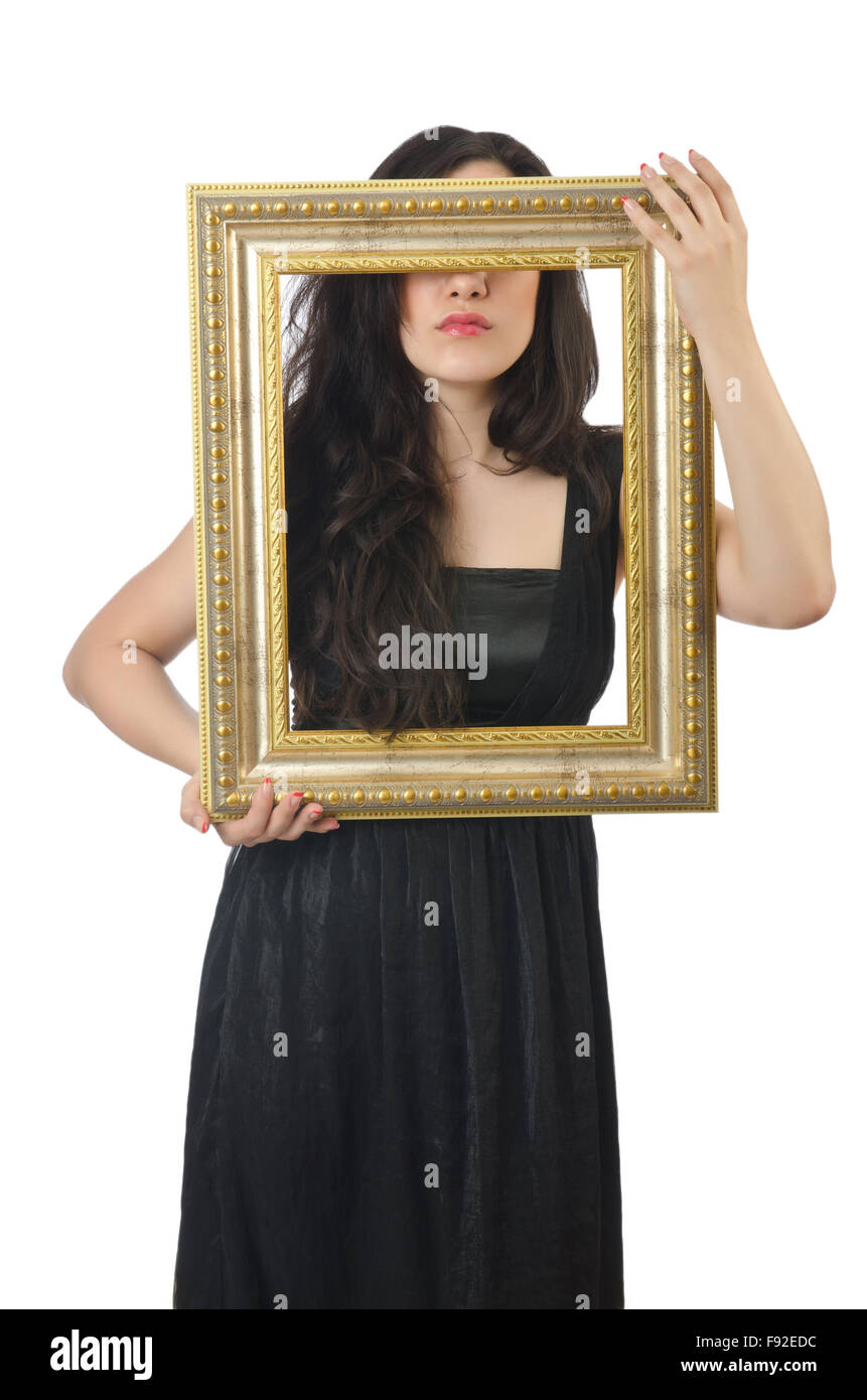 Woman with picture frame on white Stock Photo - Alamy