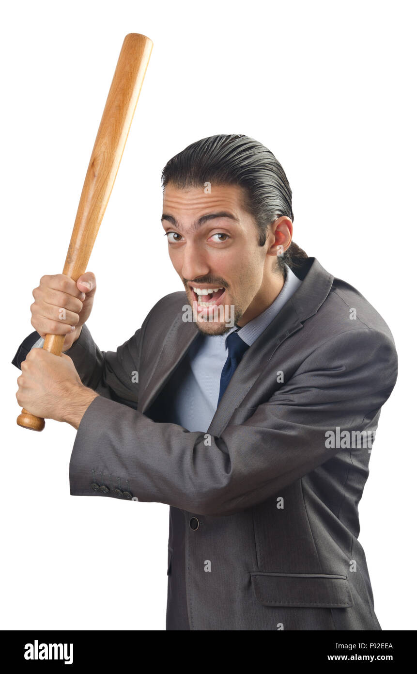 Angry businessman with bat on white Stock Photo - Alamy