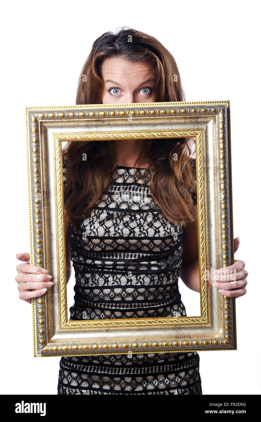 Young woman with picture frame on white Stock Photo - Alamy